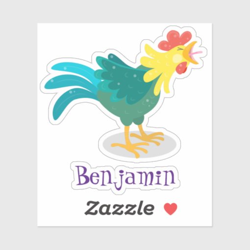 Cute funny crowing rooster cartoon illustration sticker | Zazzle
