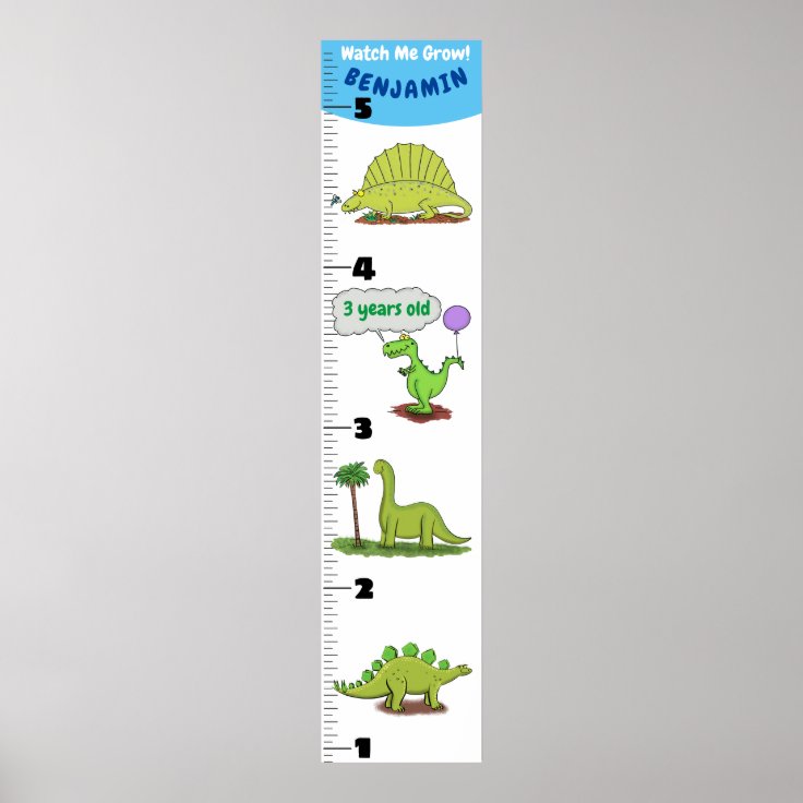 Cute funny dinosaur animals cartoon growth chart | Zazzle