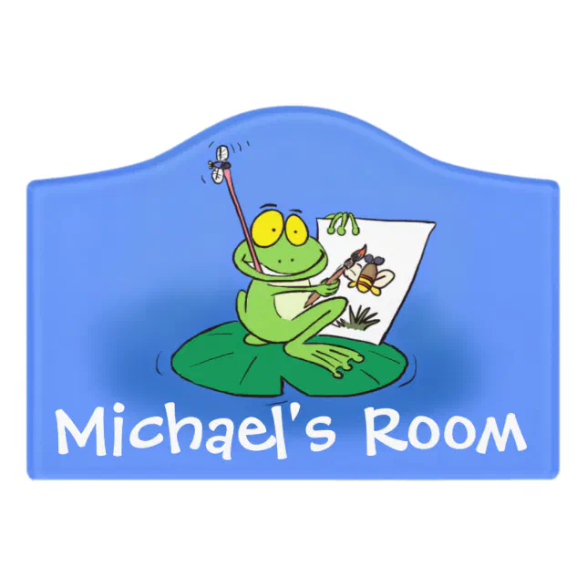 Cute funny green frog cartoon illustration door sign | Zazzle