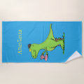 Cute funny green t rex dinosaur cartoon beach towel | Zazzle