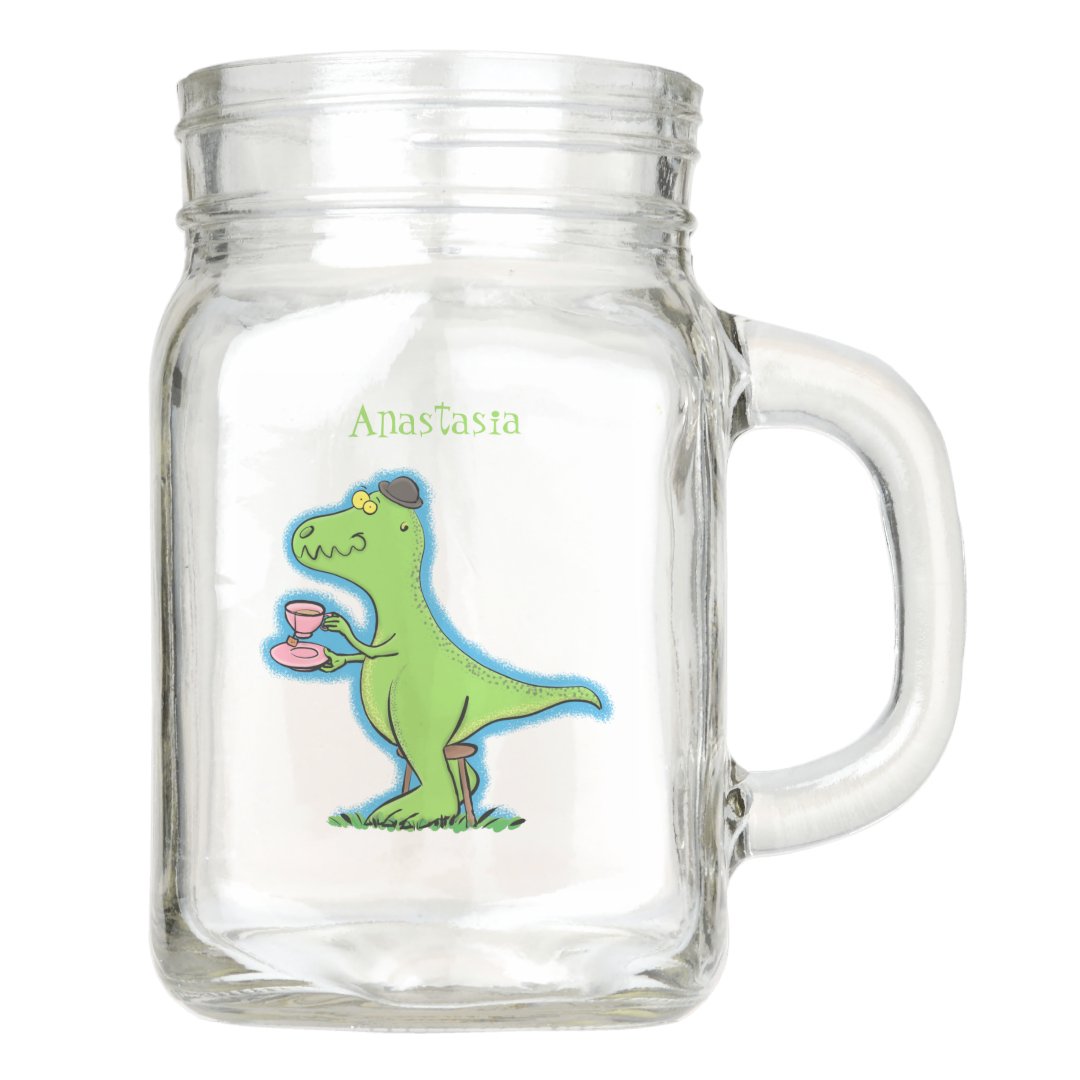 Cute funny green t rex dinosaur cartoon mason jar | Zazzle