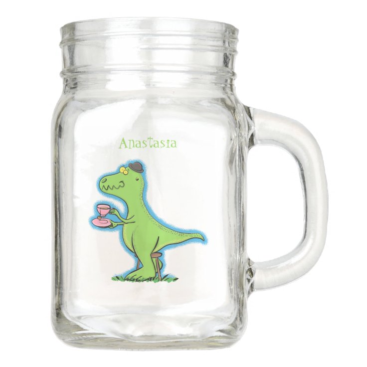 Cute funny green t rex dinosaur cartoon mason jar | Zazzle