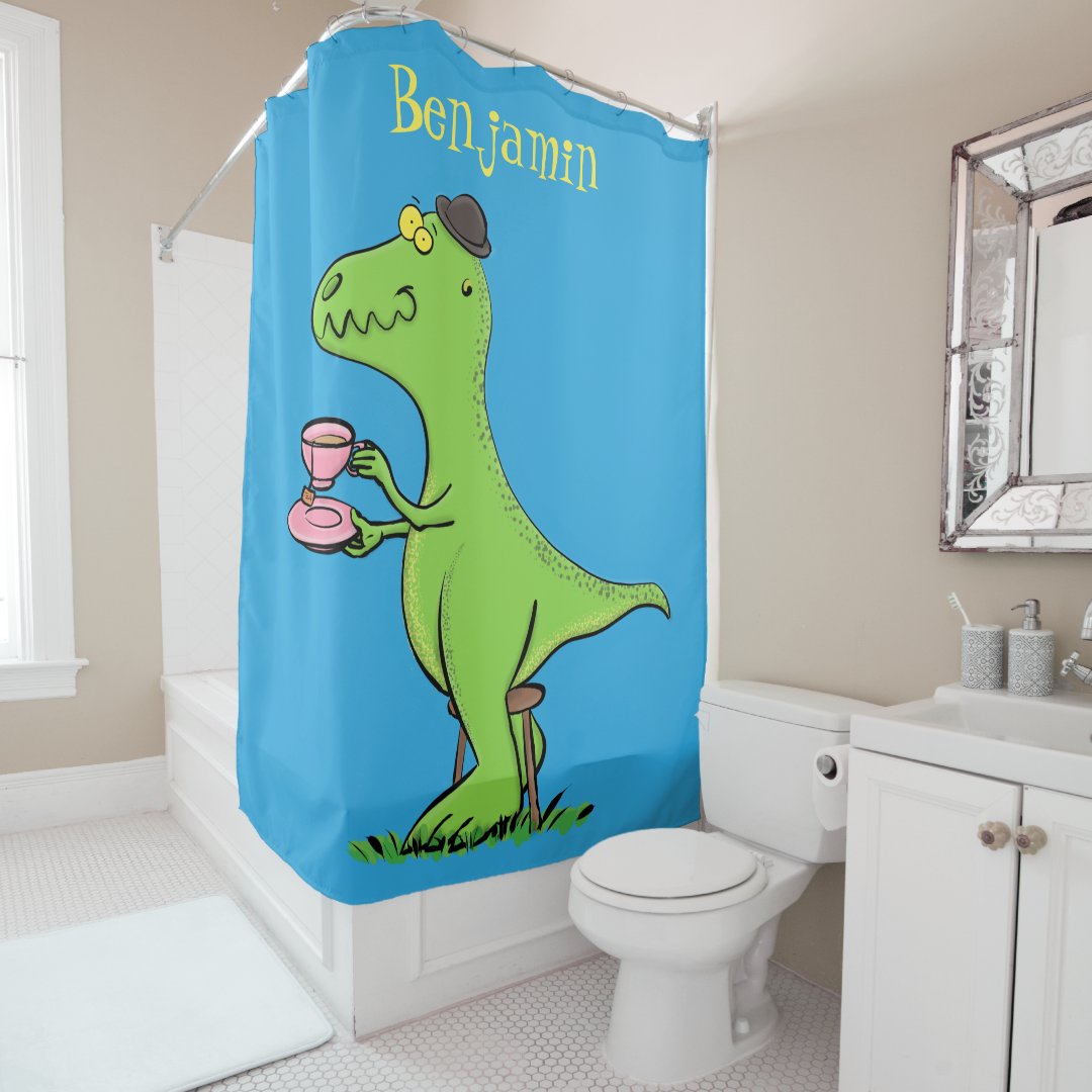 Cute funny green t rex dinosaur cartoon shower curtain | Zazzle