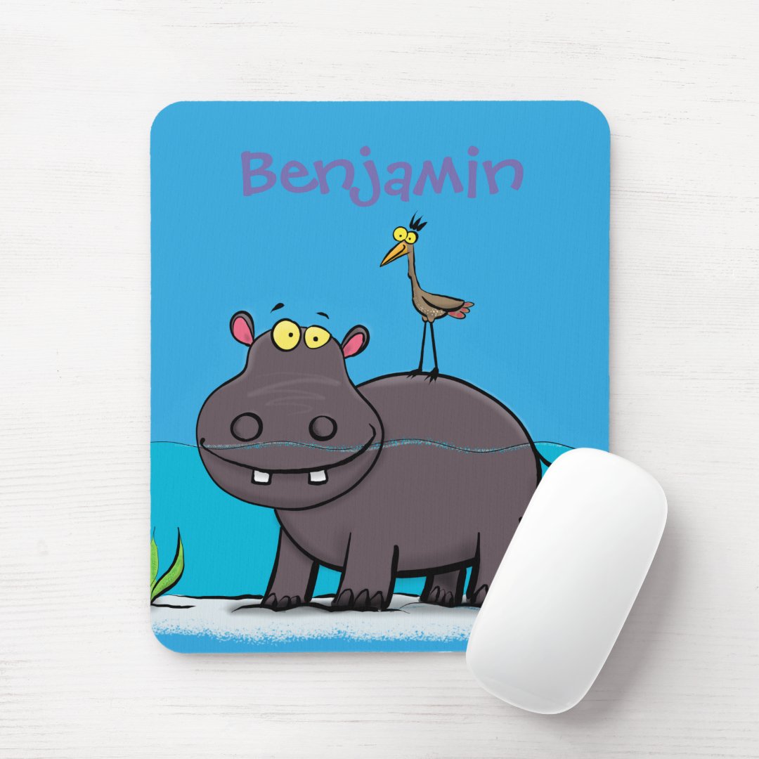 Cute funny hippopotamus with bird cartoon mouse pad | Zazzle