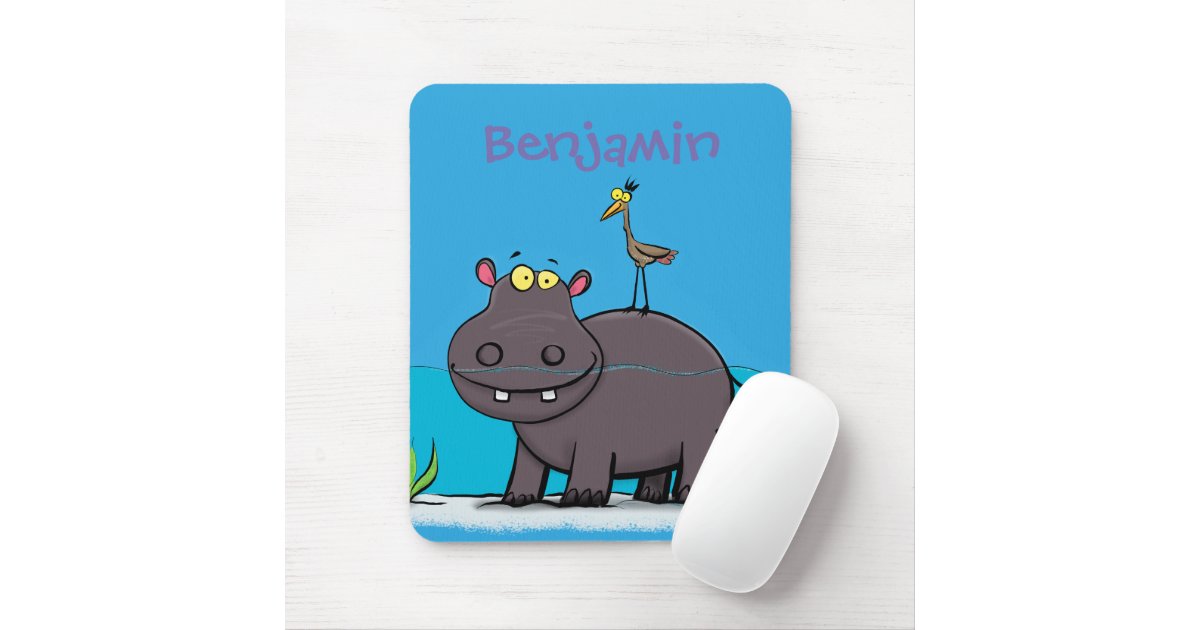 Cute funny hippopotamus with bird cartoon mouse pad | Zazzle
