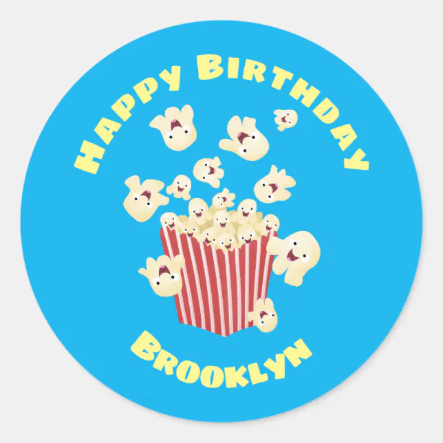 Cute funny jumping popcorn cartoon classic round sticker | Zazzle