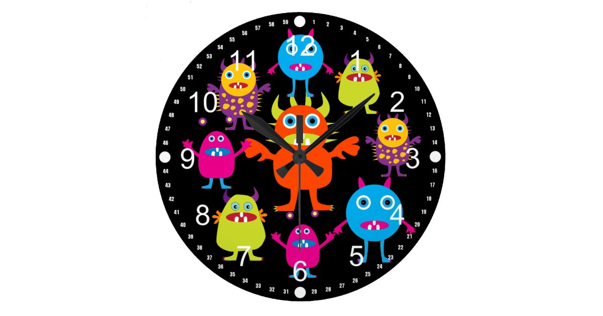 Cute Funny Monster Party Creatures in Circle Large Clock | Zazzle.com