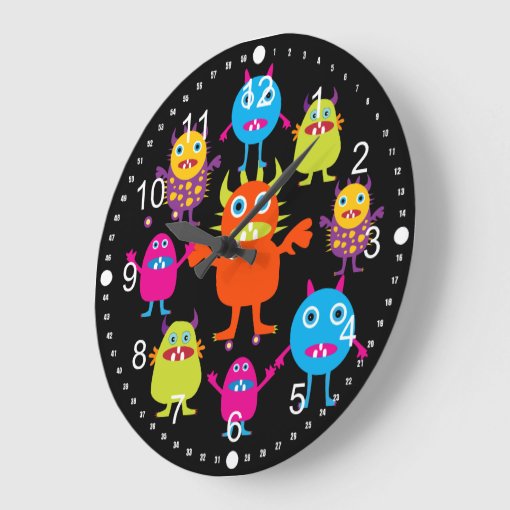 Cute Funny Monster Party Creatures in Circle Large Clock | Zazzle