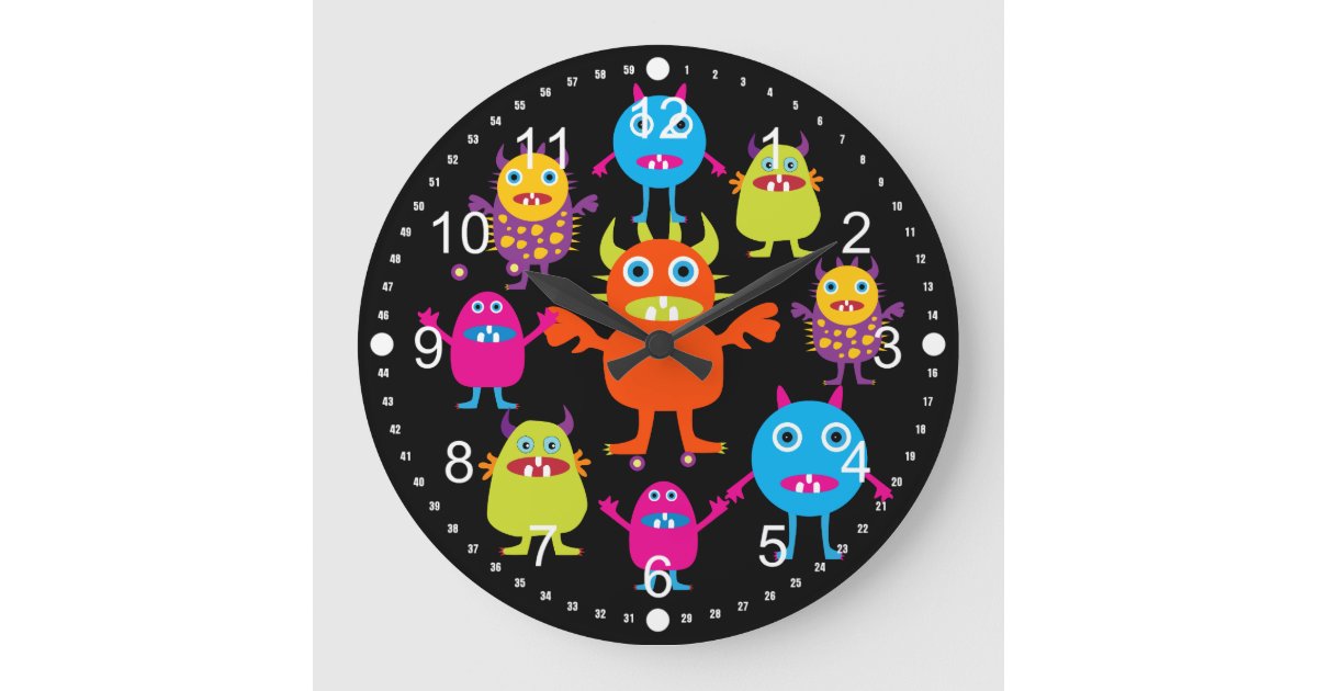 Cute Funny Monster Party Creatures in Circle Large Clock | Zazzle