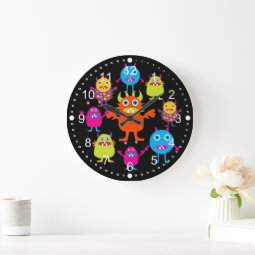Cute Funny Monster Party Creatures in Circle Large Clock | Zazzle