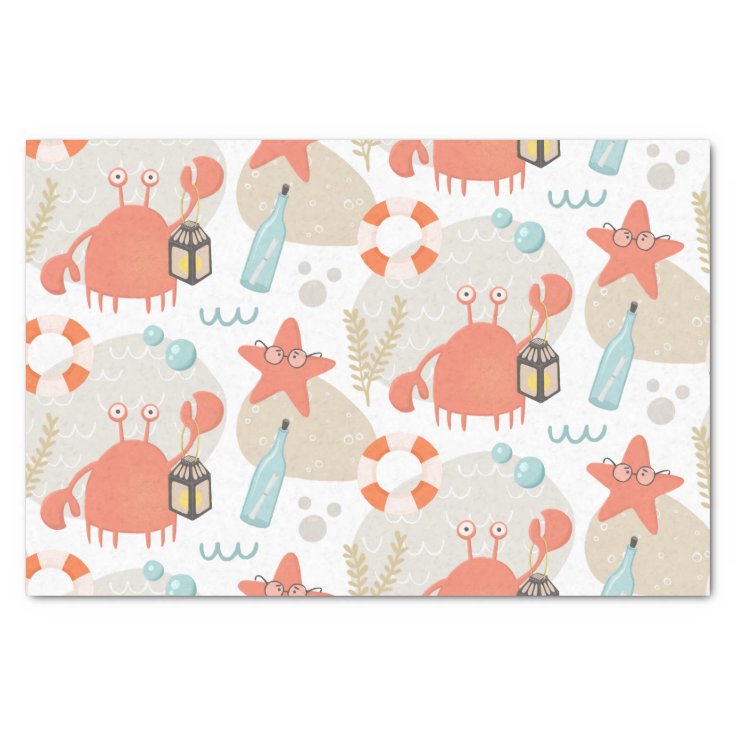 Cute funny nautical animals. Sea crab, starfish Tissue Paper | Zazzle