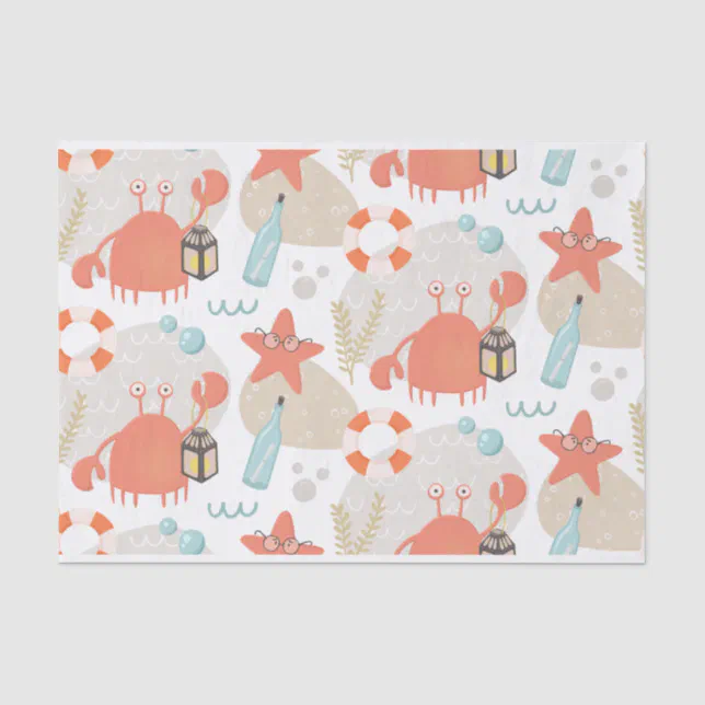 Cute funny nautical animals. Sea crab, starfish Tissue Paper | Zazzle