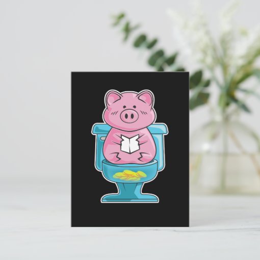 Cute & Funny Pig On Toilet Piggy Bank Postcard | Zazzle
