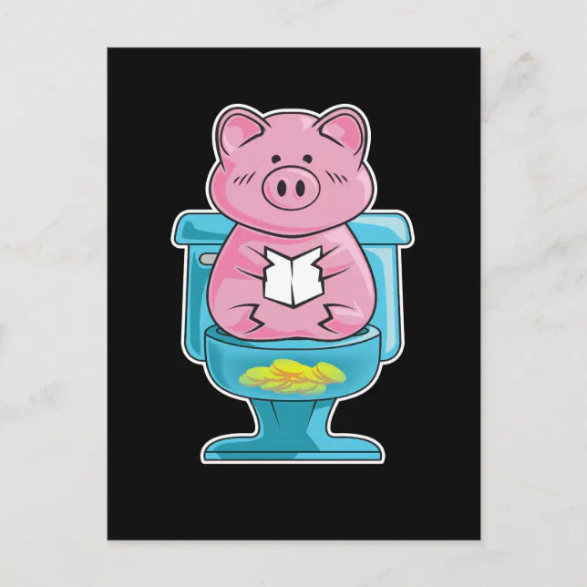 Cute & Funny Pig On Toilet Piggy Bank Postcard | Zazzle