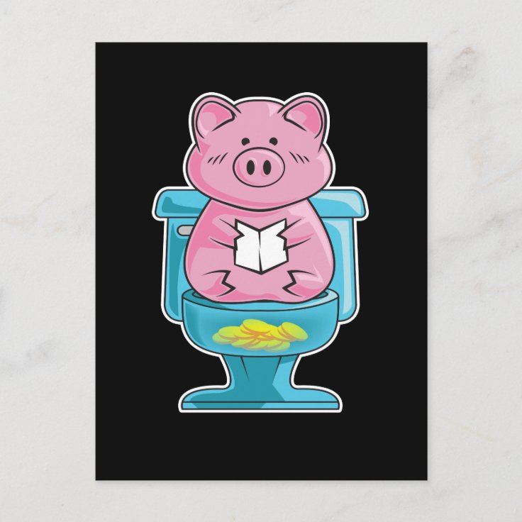 Cute & Funny Pig On Toilet Piggy Bank Postcard | Zazzle