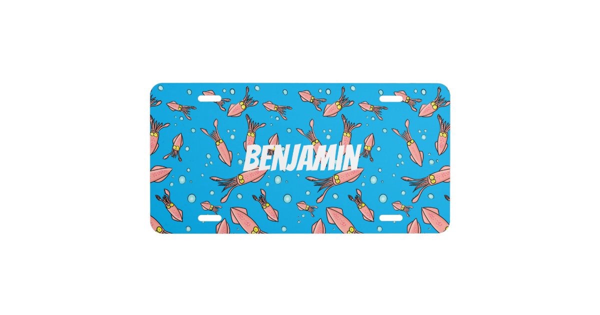 Cute funny pink squid cartoon pattern license plate | Zazzle