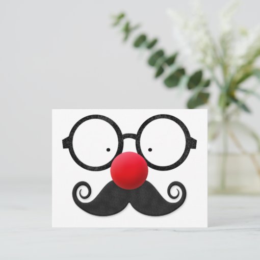 Cute funny red nose round black glasses moustache postcard | Zazzle