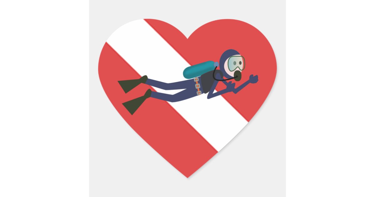 CUTE FUNNY SCUBA DIVER WITH RED DIVING FLAG GIFT HEART STICKER | Zazzle