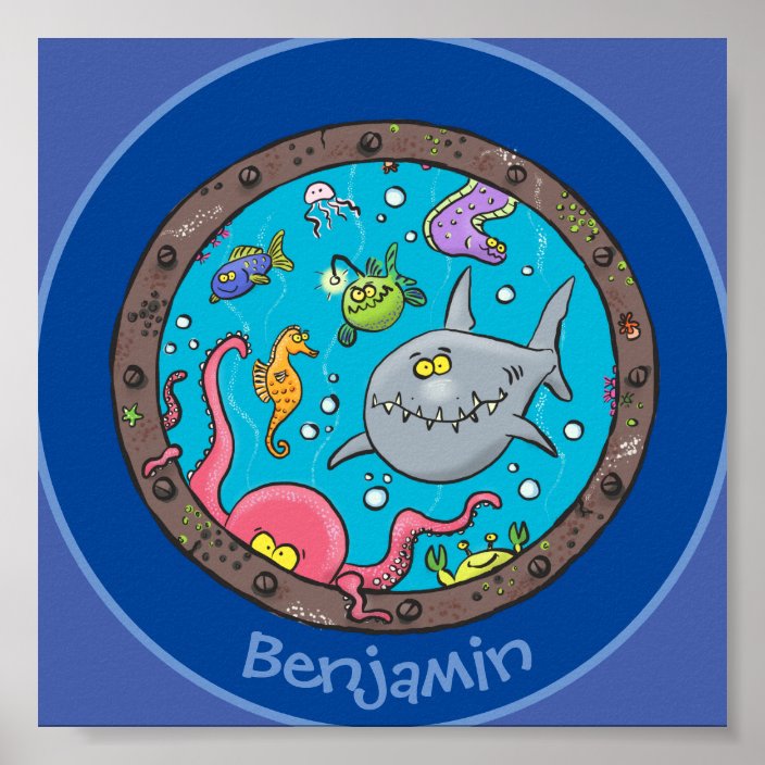Cute funny sea creatures cartoon illustration poster | Zazzle.com