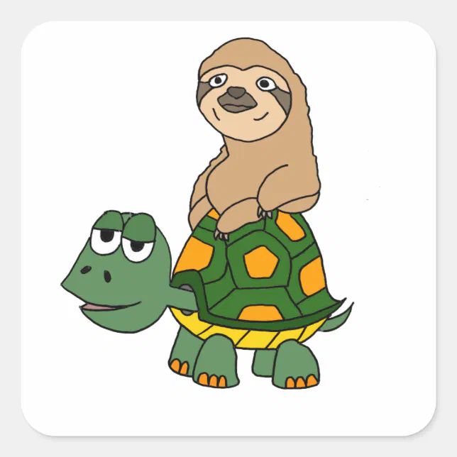 Cute Funny Sloth on Turtle Cartoon Square Sticker | Zazzle