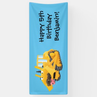 Cute funny yellow bulldozer cartoon character banner | Zazzle