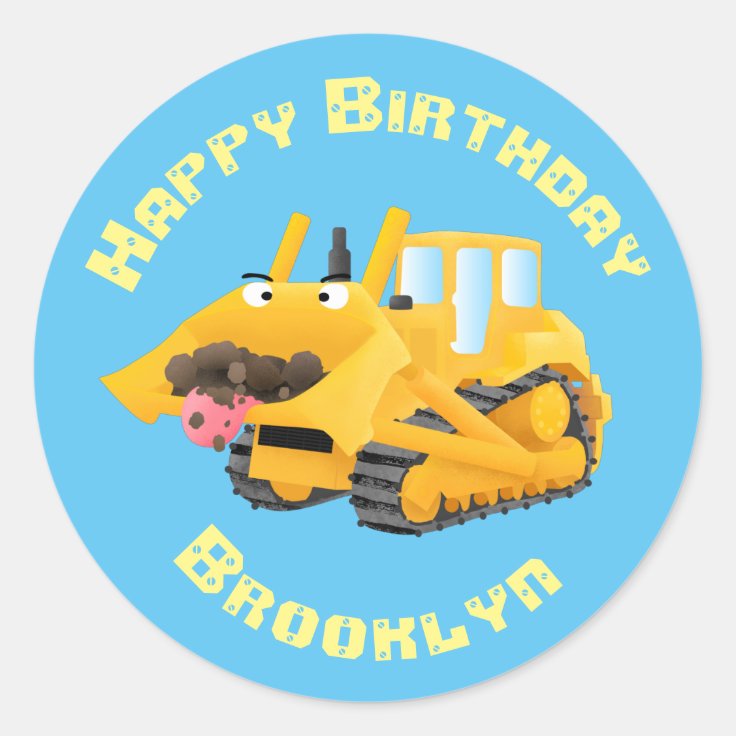 Cute funny yellow bulldozer cartoon character classic round sticker ...