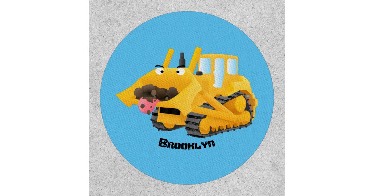 Cute funny yellow bulldozer cartoon character patch | Zazzle