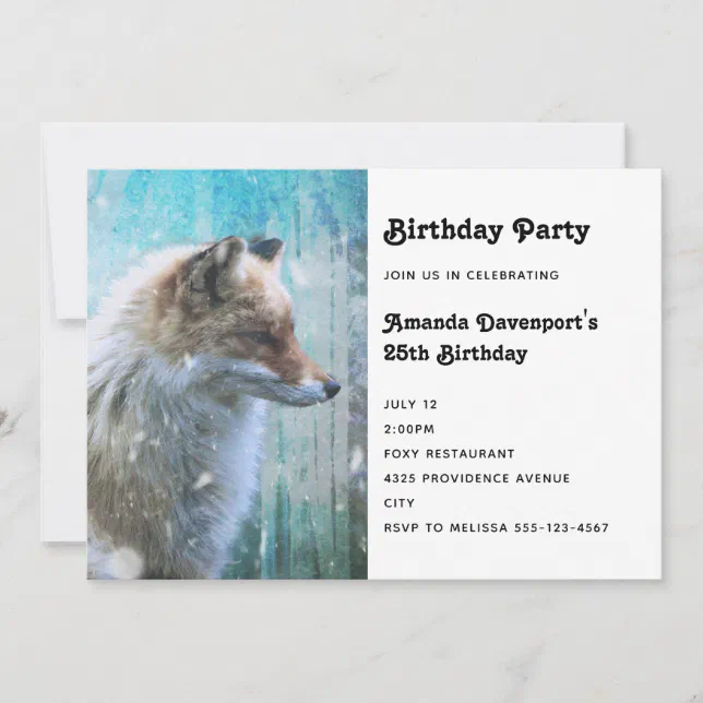 Cute Furry Fox on Blue Grunge Background Birthday Invitation | Zazzle