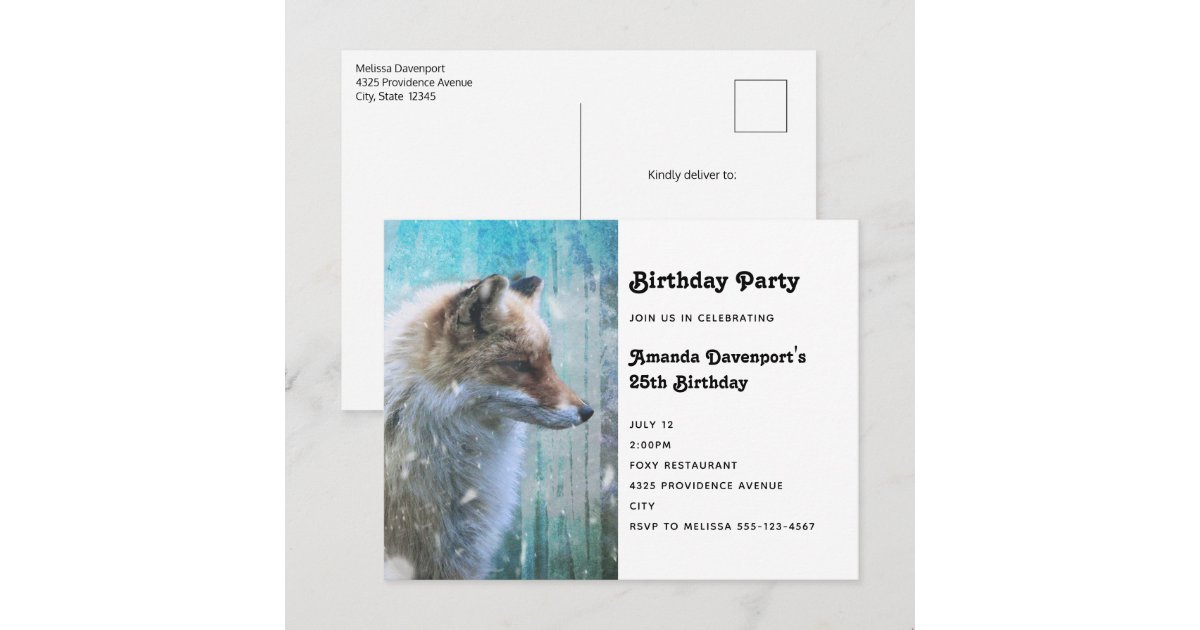 Cute Furry Fox on Blue Grunge Background Birthday Invitation Postcard ...