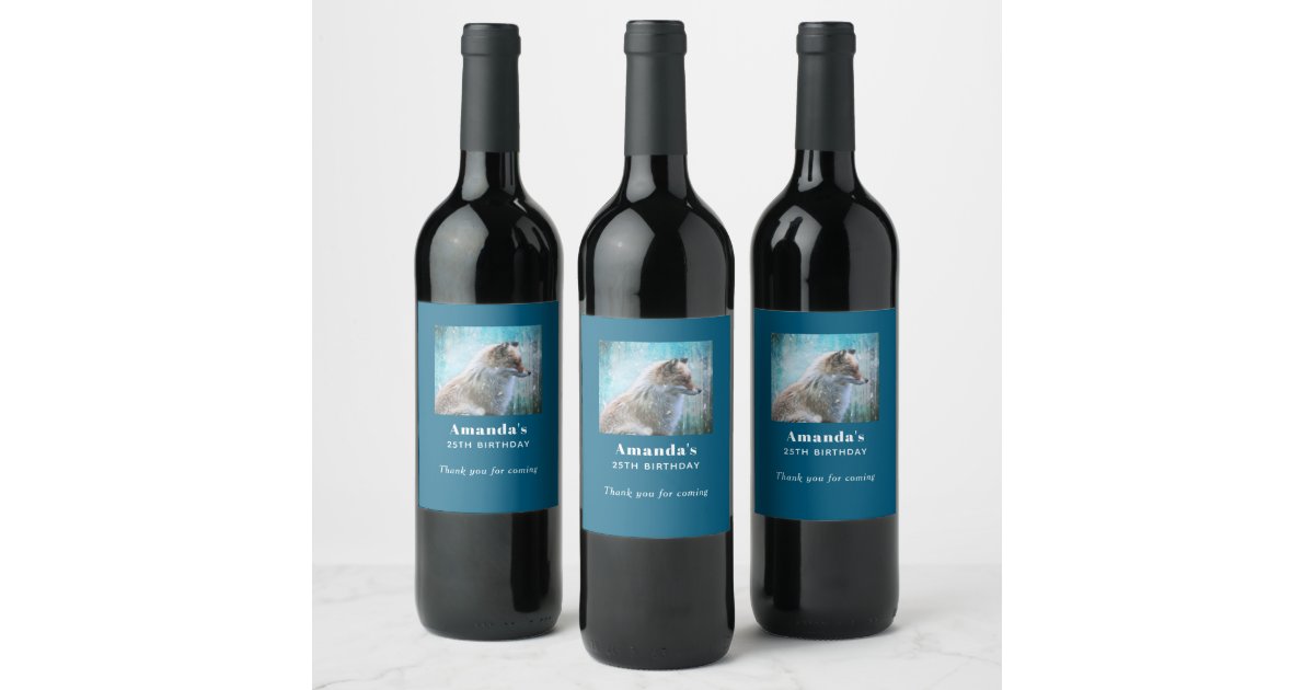 Cute Furry Fox on Blue Grunge Background Birthday Wine Label | Zazzle