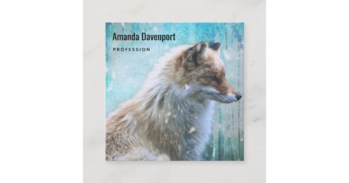 Cute Furry Fox on Blue Grunge Background Square Business Card | Zazzle
