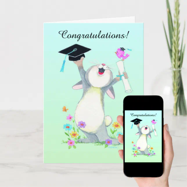 Cute fuzzy bunny cap graduation customizable card | Zazzle