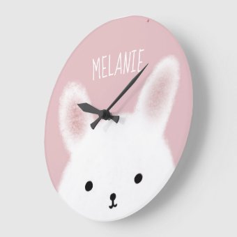 Cute Fuzzy Bunny Pink Personalised Large Clock | Zazzle