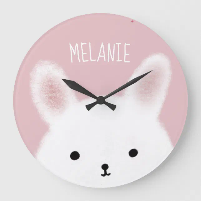 Cute Fuzzy Bunny Pink Personalised Large Clock | Zazzle