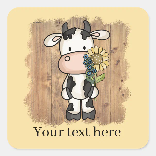 Cute garden cow add text square sticker | Zazzle