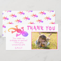 Cute Gecko Lizard Pink Girly Birthday Photo Thank You Card | Zazzle