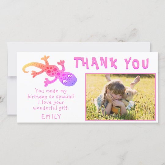 Cute Gecko Lizard Pink Girly Birthday Photo Thank You Card | Zazzle.com