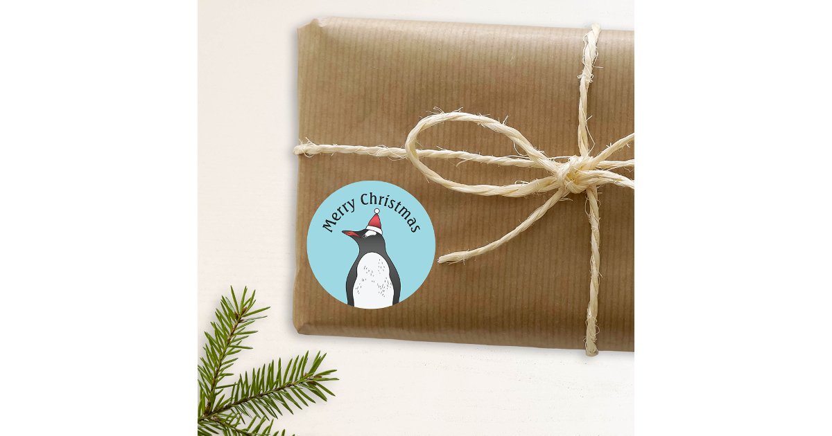 Cute Gentoo Penguin Wearing A Santa Hat On Blue Classic Round Sticker ...
