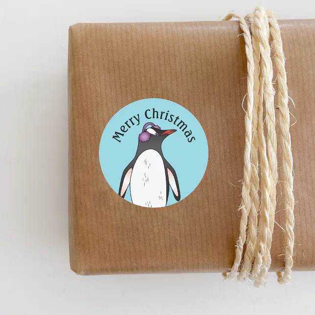 Cute Gentoo Penguin Wearing Ear Protection On Blue Classic Round ...