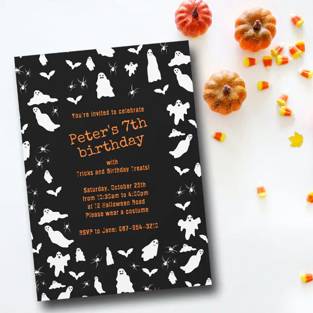 Cute Ghost, Bats & Spiders Halloween Birthday Invitation | Zazzle