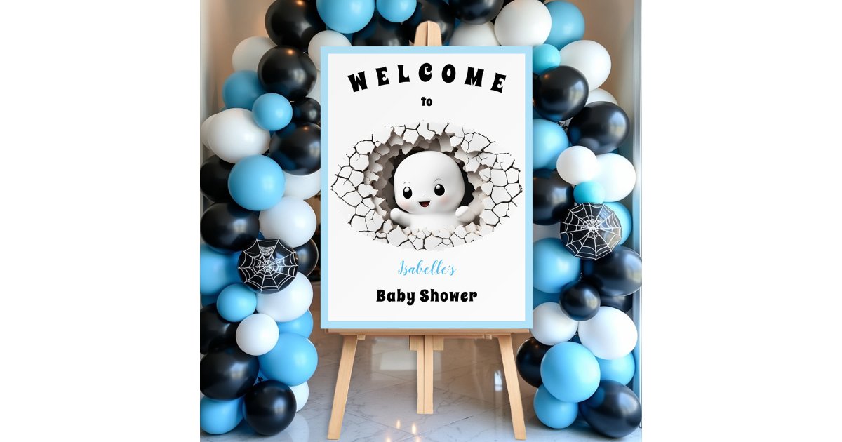 Cute Ghost Halloween Blue Baby Shower Welcome Foam Board | Zazzle