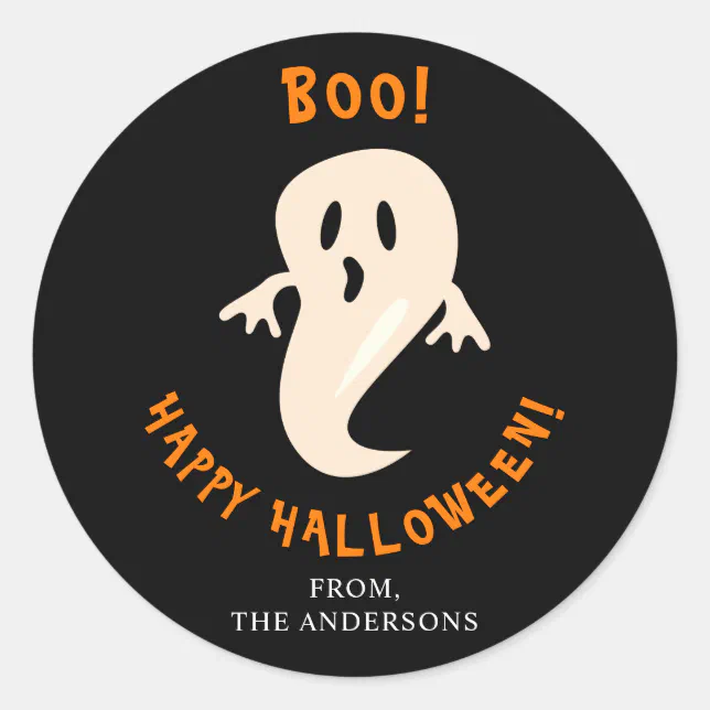 Cute Ghost Happy Halloween Boo Whimsical Black Classic Round Sticker ...