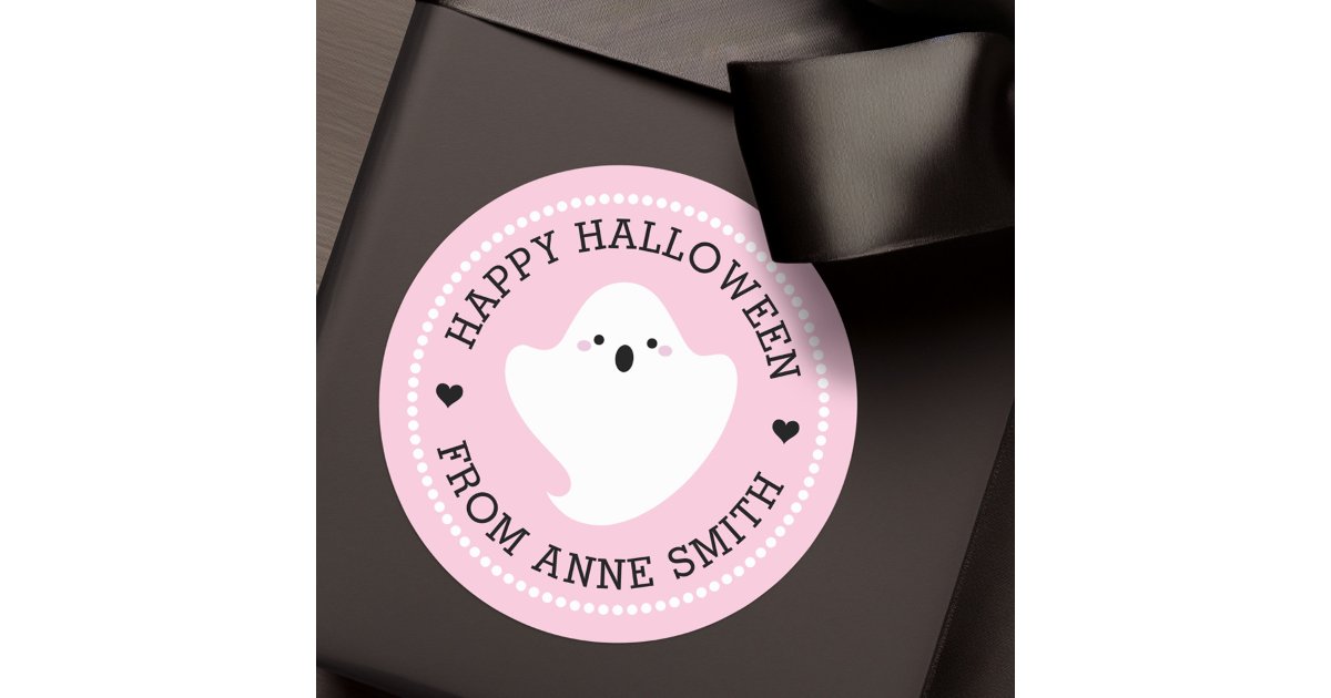 Cute ghost Happy Halloween from custom name pink Classic Round Sticker ...