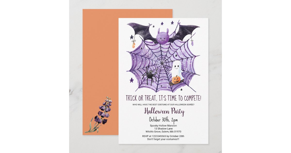 Cute Ghost Pumpkin Bat Spider Web Halloween party Invitation | Zazzle