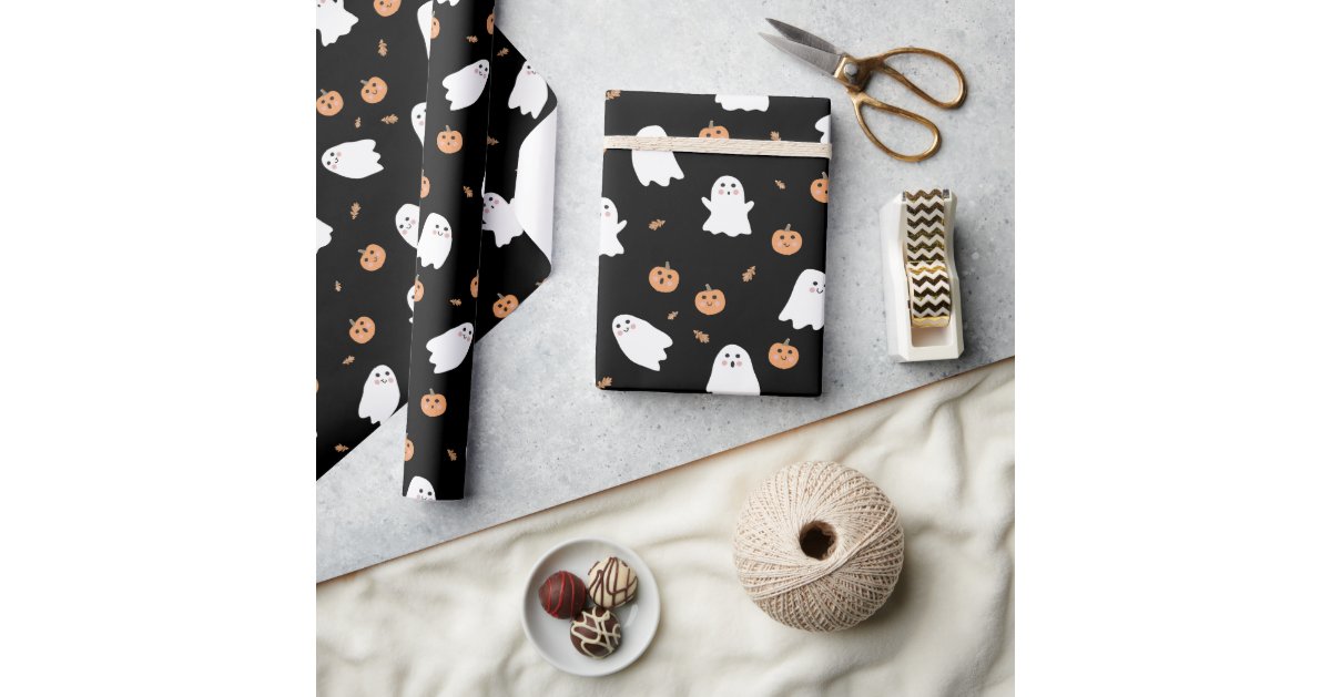 Cute Ghost & Pumpkin Black Halloween Pattern Wrapping Paper | Zazzle