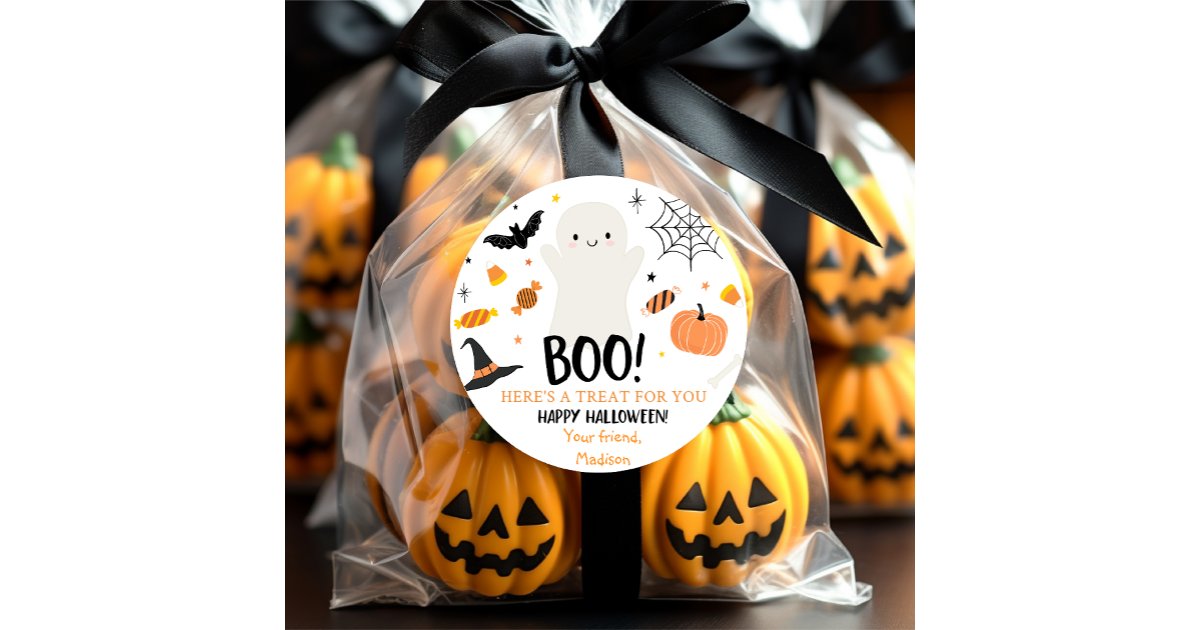 Cute Ghost Pumpkin Halloween Treat Bag Classic Round Sticker | Zazzle
