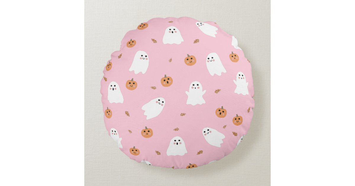 Cute Ghost & Pumpkin Pink Halloween Pattern Round Pillow | Zazzle