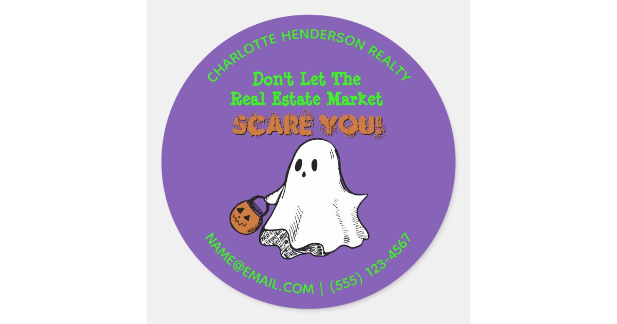 Cute Ghost Real Estate Pop By Halloween Classic Round Sticker | Zazzle