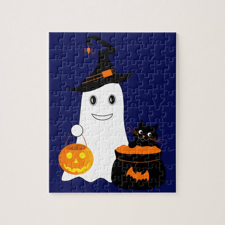 Cute ghost with black cat celebrate halloween jigsaw puzzle | Zazzle