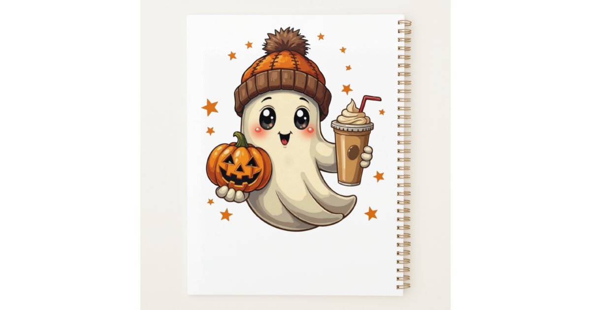 Cute Ghost with Pumpkin & Coffee Halloween Planner | Zazzle